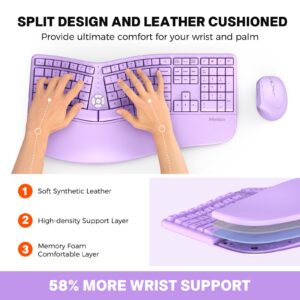 MEETION Ergonomic Wireless Keyboard and Mouse, Ergo Keyboard with Vertical Mouse, Split Keyboard Cushioned Wrist Palm Rest Natural Typing Rechargeable Full Size, Windows/Mac/Computer/Laptop,Purple