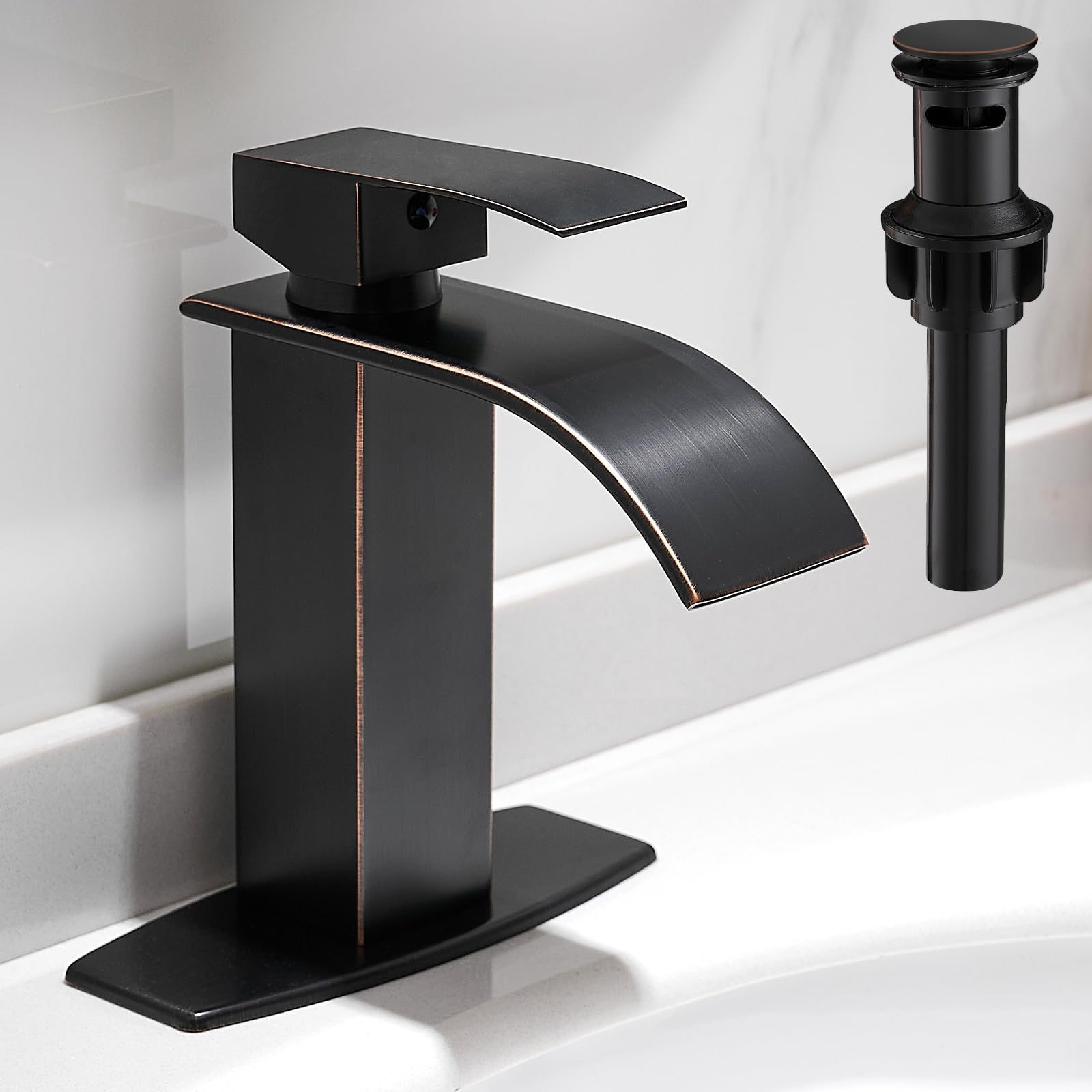 Hoimpro Bronze Waterfall Bathroom Faucet with cUPC Supply Lines, Single Handle Bathroom Sink Faucet with Pop-up Drain, Rv Vanity Vessel Faucet with Deck Plate, Oil Rubbed Bronze, 1 or 3 Hole