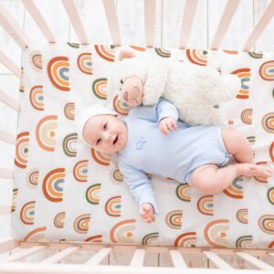 4 Pack N Play Sheets Mini Crib Sheets Boho Nursery Sheets Sunshine and Rainbow Desdign Neutral Unisex Fitted Baby N Play Sheets Mini Crib Sheets for Baby Boys or Girls (N Play Sheets)