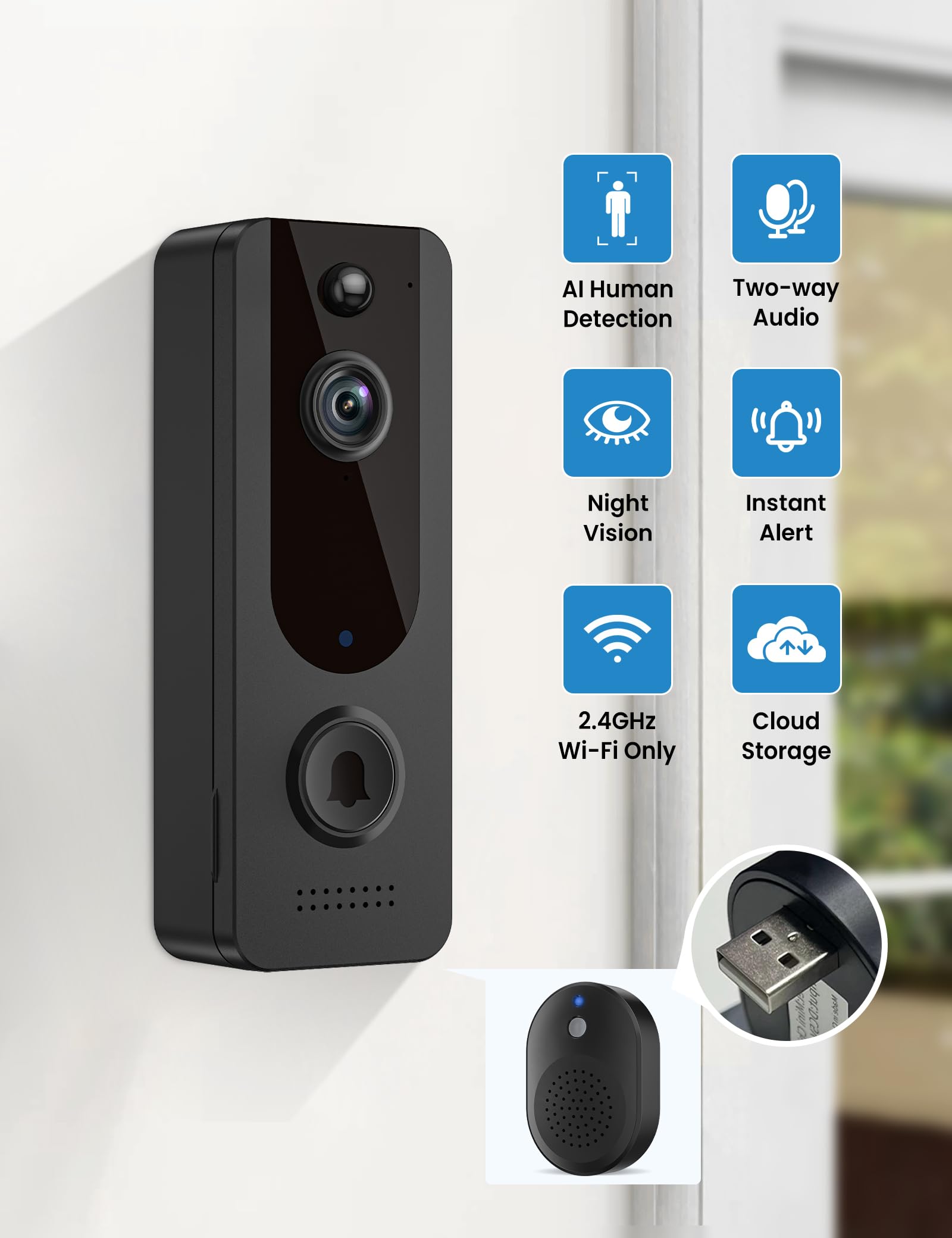 Aiwit Video Doorbell, Wireless Home Surveillance Camera Included Chime Ringer, AI Human Detection, Cloud Storage, 2-Way Audio, Night Vision, Battery Powered, Live View, Indoor/Outdoor Surveillance