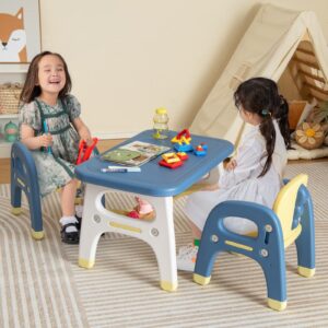 Costzon Kids Table and Chair Set w/Montessori Toys, Kids Activity Table w/Storage Shelf, Building Blocks, Cute Dinosaur Shape Chair, Easy to Clean, Preschool, Kindergarten (Table and 2 Chairs)