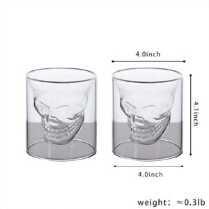 INTOWALK Skull Face Glasses Heavy Base Crystal Cups Set of 2, Party Home and Entertainment Dining Beverage Drinking Glassware for Whiskey Brandy Liquor Bar Decor Jello 250ML/8.84oz Clear