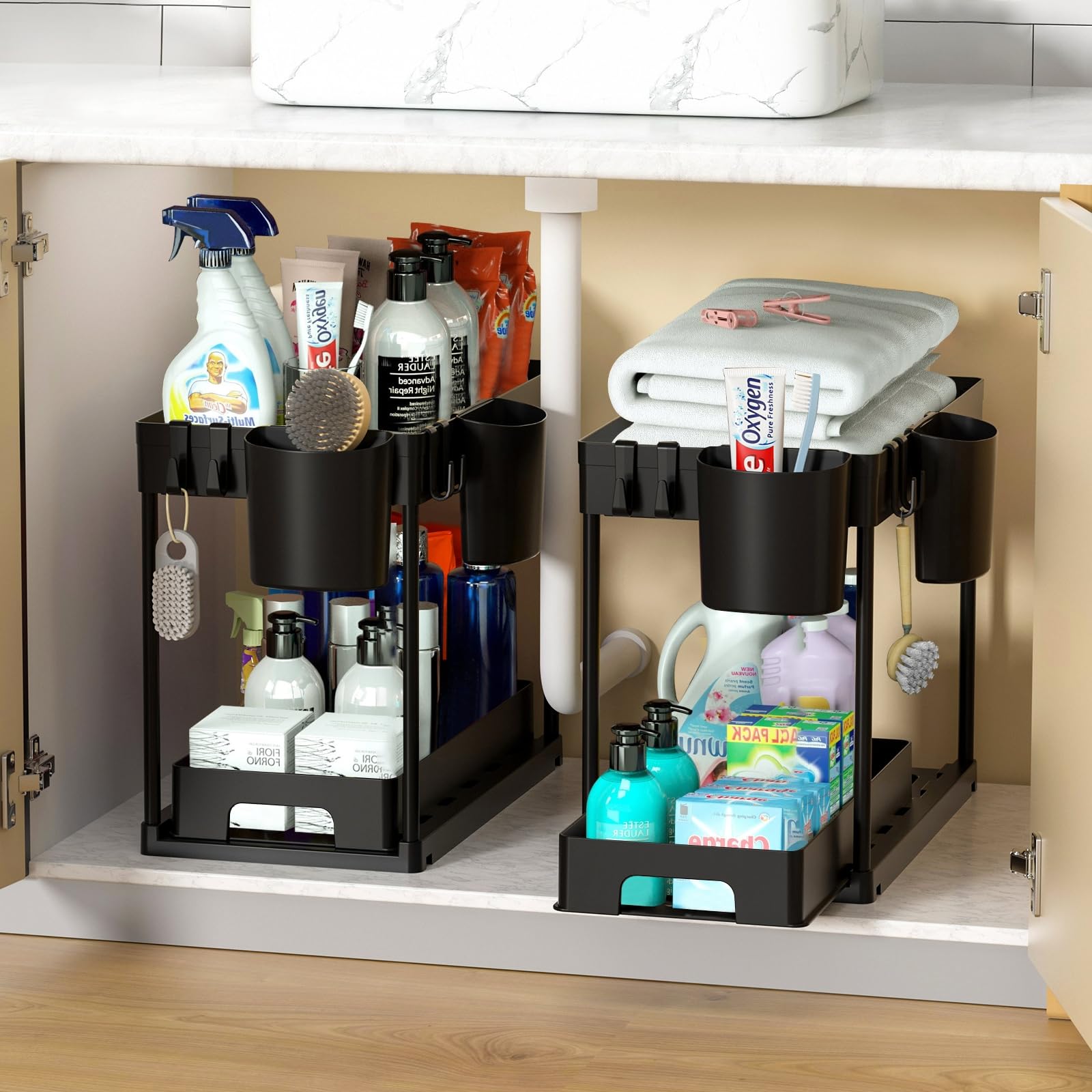 Under Sink Organizer 2 Pack,2 Tier Under Bathroom Sink Organizer With Sliding Drawer and Hooks,Under Kitchen Cabinet Organizer,Under Sink Organizers and Storage Shelf for Kitchen Bathroom(Black)