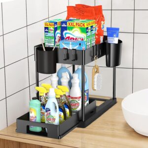 Under Sink Organizer 2 Pack,2 Tier Under Bathroom Sink Organizer With Sliding Drawer and Hooks,Under Kitchen Cabinet Organizer,Under Sink Organizers and Storage Shelf for Kitchen Bathroom(Black)