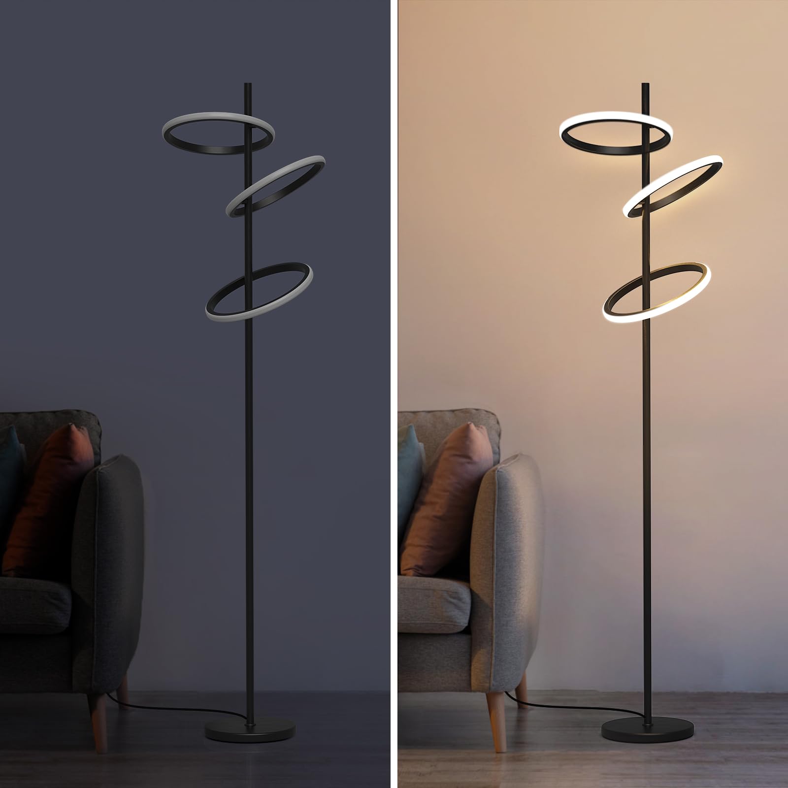 Alldio Annular Floor Lamp, Bright 30W LED Floor Lamps for Living Room, Modern Saturn Ring Tall Lamp, Standing Lamp with 3 LED Lights for Bedroom Reading- Black