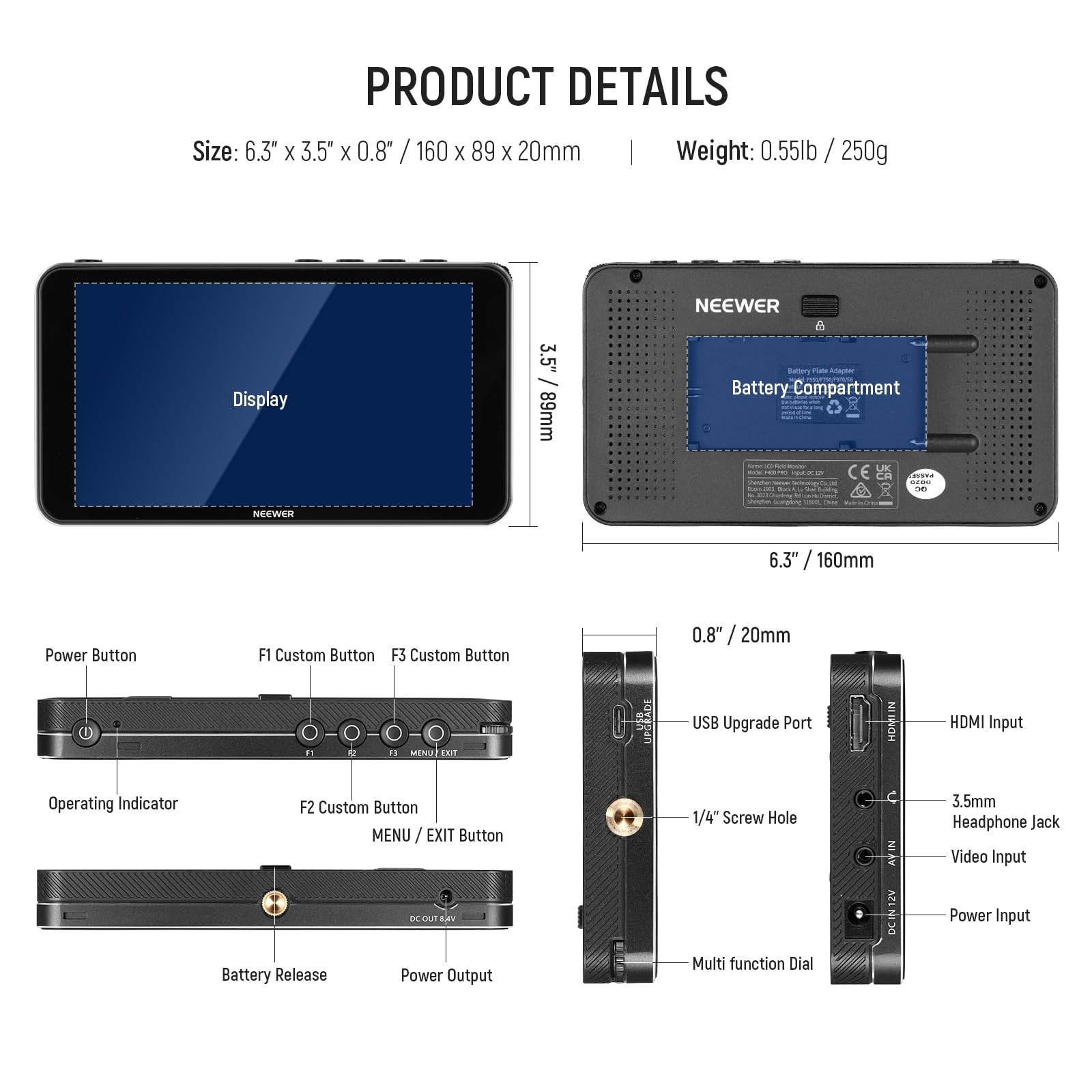 NEEWER F400 PRO 6 Inch Camera Field Monitor, Waveform, Vector Scope, Full HD 1920x1080 IPS 4K HDMI Input DSLR Video Peaking Focus Assist, DC Input Output, Tilt Arm, F550 Battery & Charger Included