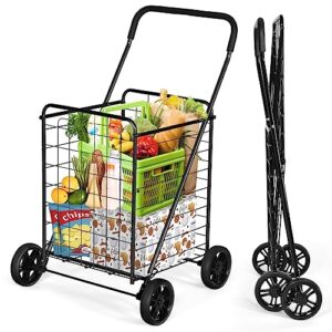 ironmax grocery shopping cart, foldable heavy duty utility cart w/large wheels for easy installation and removal, lightweight trolley cart for grocery laundry luggage (black)