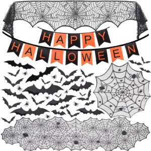 halloween decorations indoor set, halloween fireplace mantel scarf & halloween banner & spiderweb tab runner & 60 pcs scary 3d bat sticker & 30 pcs realistic spiders, halloween party spooky home decor