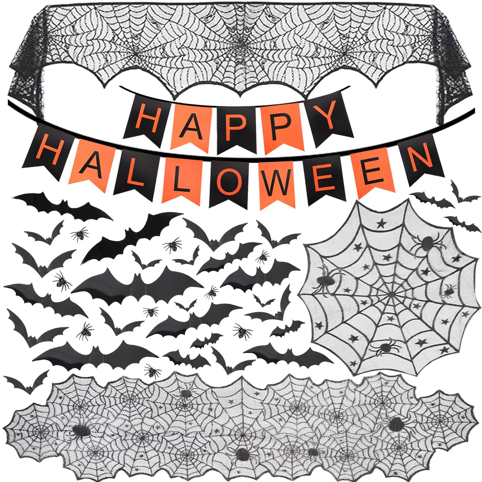 Halloween Decorations Indoor Set, Halloween Fireplace Mantel Scarf & Halloween Banner & Spiderweb Tab Runner & 60 Pcs Scary 3D Bat Sticker & 30 Pcs Realistic Spiders, Halloween Party Spooky Home Decor