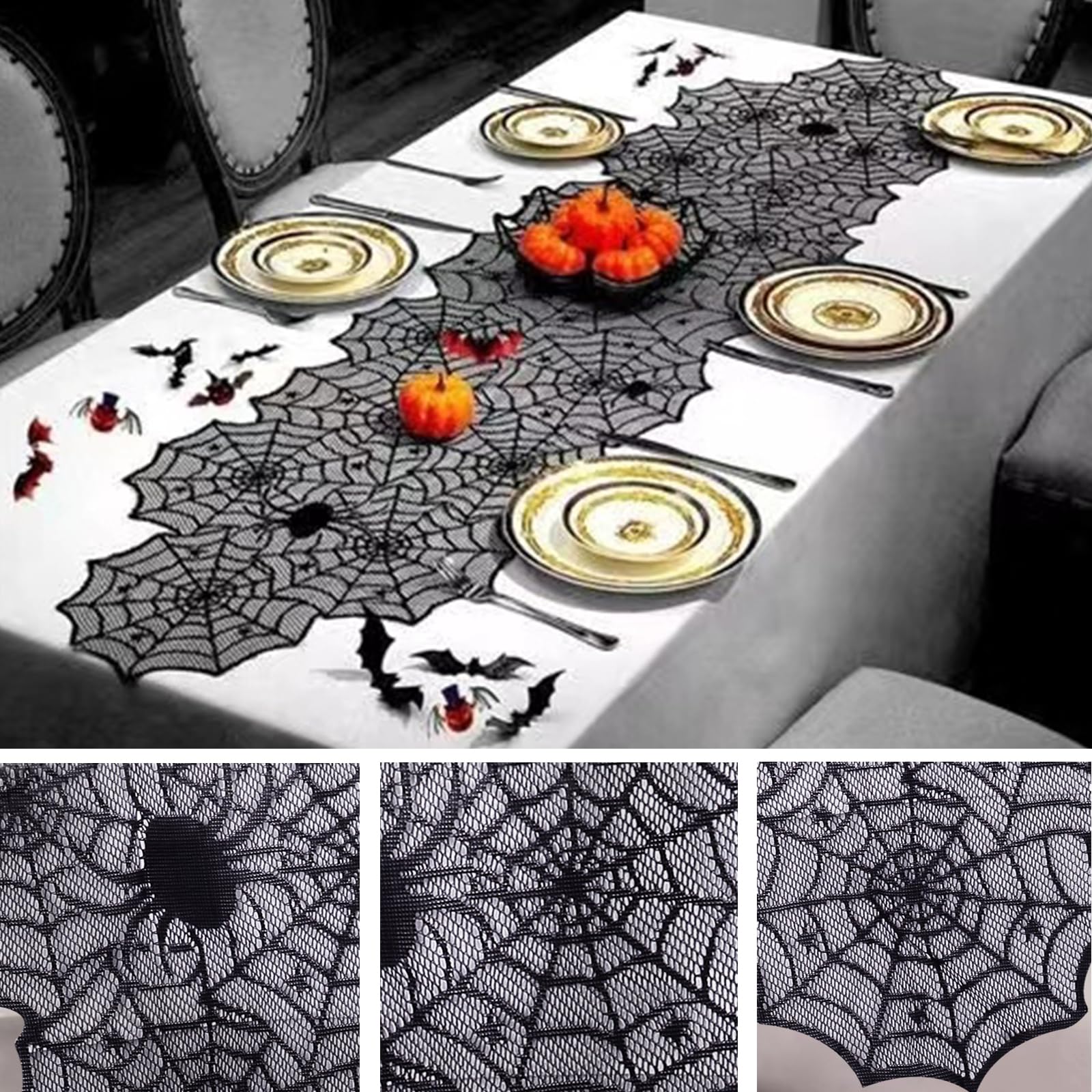 Halloween Decorations Indoor Set, Halloween Fireplace Mantel Scarf & Halloween Banner & Spiderweb Tab Runner & 60 Pcs Scary 3D Bat Sticker & 30 Pcs Realistic Spiders, Halloween Party Spooky Home Decor