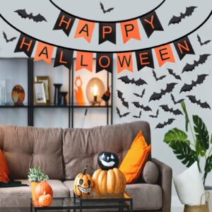 Halloween Decorations Indoor Set, Halloween Fireplace Mantel Scarf & Halloween Banner & Spiderweb Tab Runner & 60 Pcs Scary 3D Bat Sticker & 30 Pcs Realistic Spiders, Halloween Party Spooky Home Decor