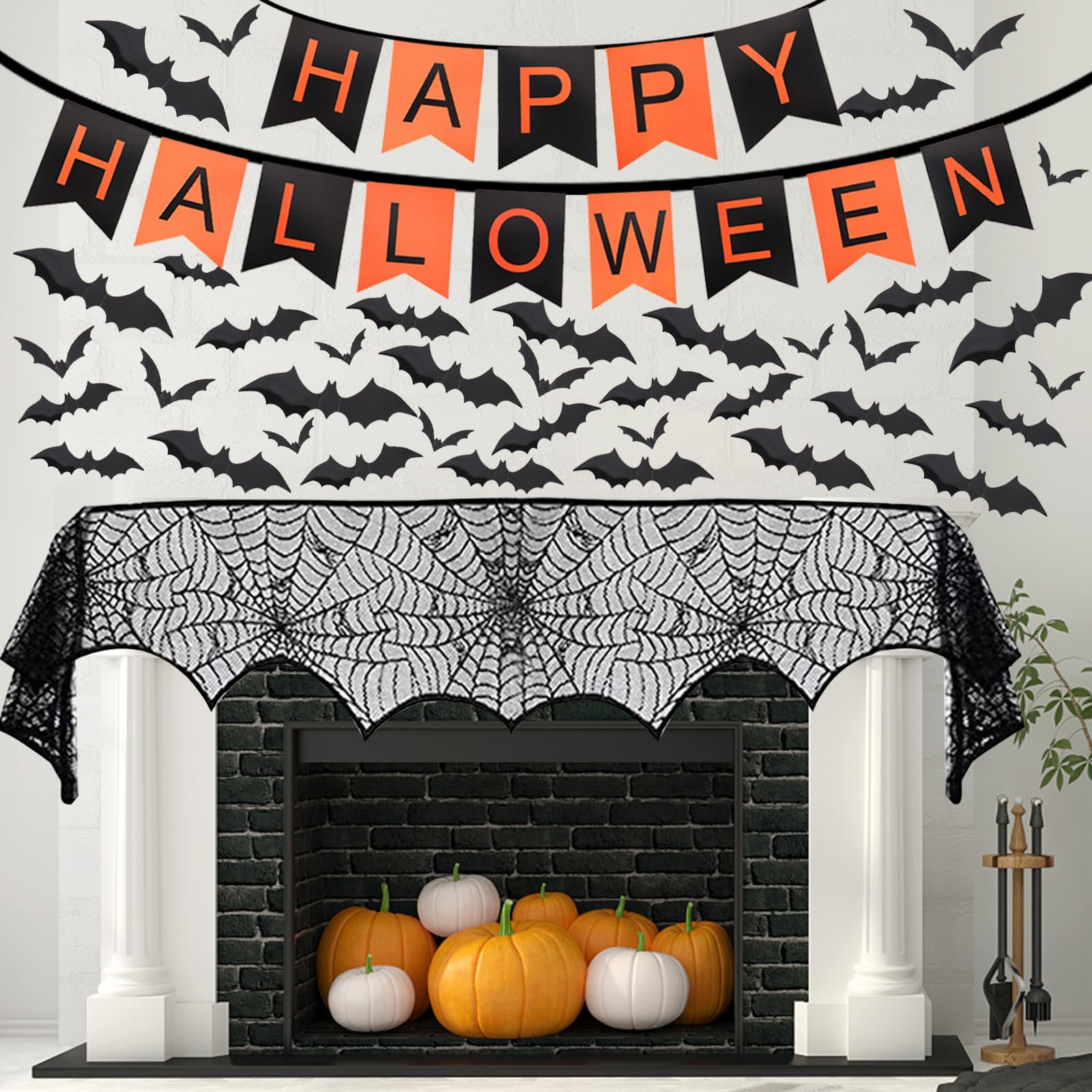 Halloween Decorations Indoor Set, Halloween Fireplace Mantel Scarf & Halloween Banner & Spiderweb Tab Runner & 60 Pcs Scary 3D Bat Sticker & 30 Pcs Realistic Spiders, Halloween Party Spooky Home Decor