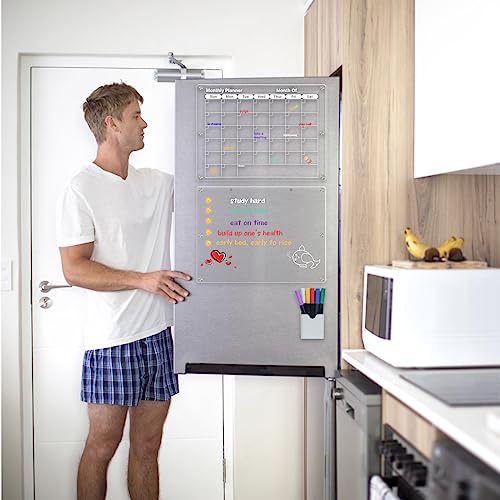 Merrynine 2 Pack Magnetic Calendar for Refrigerator,Acrylic Fridge Calendar,Clear Dry Erase Reusable Planning Boards with 6 Marker Pen,Case,Towel,2 Screw Stickers (16"X12", Monthly + Blank Memo)