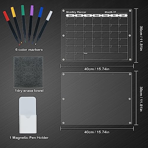 Merrynine 2 Pack Magnetic Calendar for Refrigerator,Acrylic Fridge Calendar,Clear Dry Erase Reusable Planning Boards with 6 Marker Pen,Case,Towel,2 Screw Stickers (16"X12", Monthly + Blank Memo)