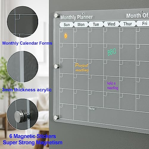 Merrynine 2 Pack Magnetic Calendar for Refrigerator,Acrylic Fridge Calendar,Clear Dry Erase Reusable Planning Boards with 6 Marker Pen,Case,Towel,2 Screw Stickers (16"X12", Monthly + Blank Memo)