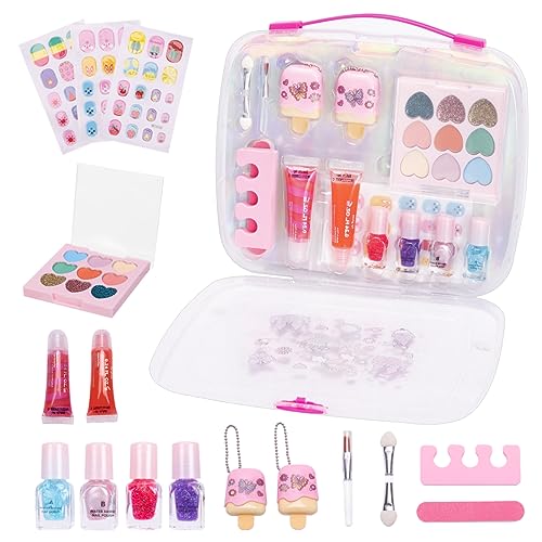 Makeup Kit for Girls, 17 Pcs Real Washable Pretend Play Cosmetic Set Toys with Lip Gloss Nail Polish Nail Stickers, Birthday Gifts for 3 4 5 6 7 8 9 10 Years Old Girls