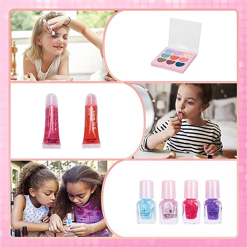 Makeup Kit for Girls, 17 Pcs Real Washable Pretend Play Cosmetic Set Toys with Lip Gloss Nail Polish Nail Stickers, Birthday Gifts for 3 4 5 6 7 8 9 10 Years Old Girls