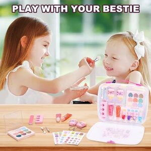 Makeup Kit for Girls, 17 Pcs Real Washable Pretend Play Cosmetic Set Toys with Lip Gloss Nail Polish Nail Stickers, Birthday Gifts for 3 4 5 6 7 8 9 10 Years Old Girls