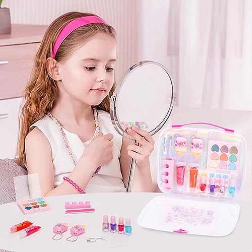 Makeup Kit for Girls, 17 Pcs Real Washable Pretend Play Cosmetic Set Toys with Lip Gloss Nail Polish Nail Stickers, Birthday Gifts for 3 4 5 6 7 8 9 10 Years Old Girls