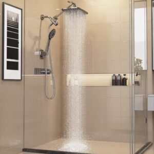 veken 12 inch high pressure rain shower head combo with extension arm- wide rainfall showerhead with 6 handheld water spray - adjustable dual showerhead with anti-clog nozzles - silver chrome