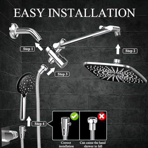 Veken 12 Inch High Pressure Rain Shower Head Combo with Extension Arm- Wide Rainfall Showerhead with 6 Handheld Water Spray - Adjustable Dual Showerhead with Anti-Clog Nozzles - Silver Chrome