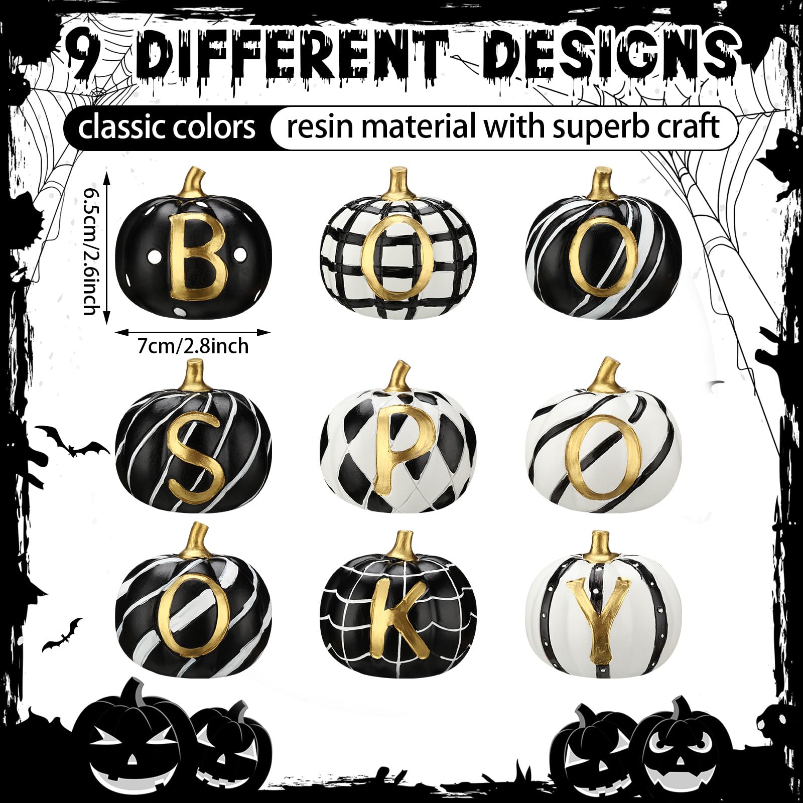 9 Pcs Resin Pumpkins Halloween Boo Spooky Indoor Decor Black and White Pumpkins 2.5 Inch Artificial Pumpkins Table Centerpieces Tiered Tray for Fall Halloween Autumn Home Wedding Decor