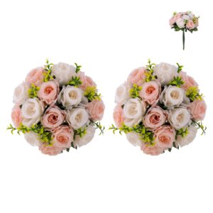 blosmon fake flower artificial roses bouquet 2 pcs fake rose silk flowers wedding bouquets for bride, faux floral arrangements for home party vase table centerpieces decor (blush & cream white)