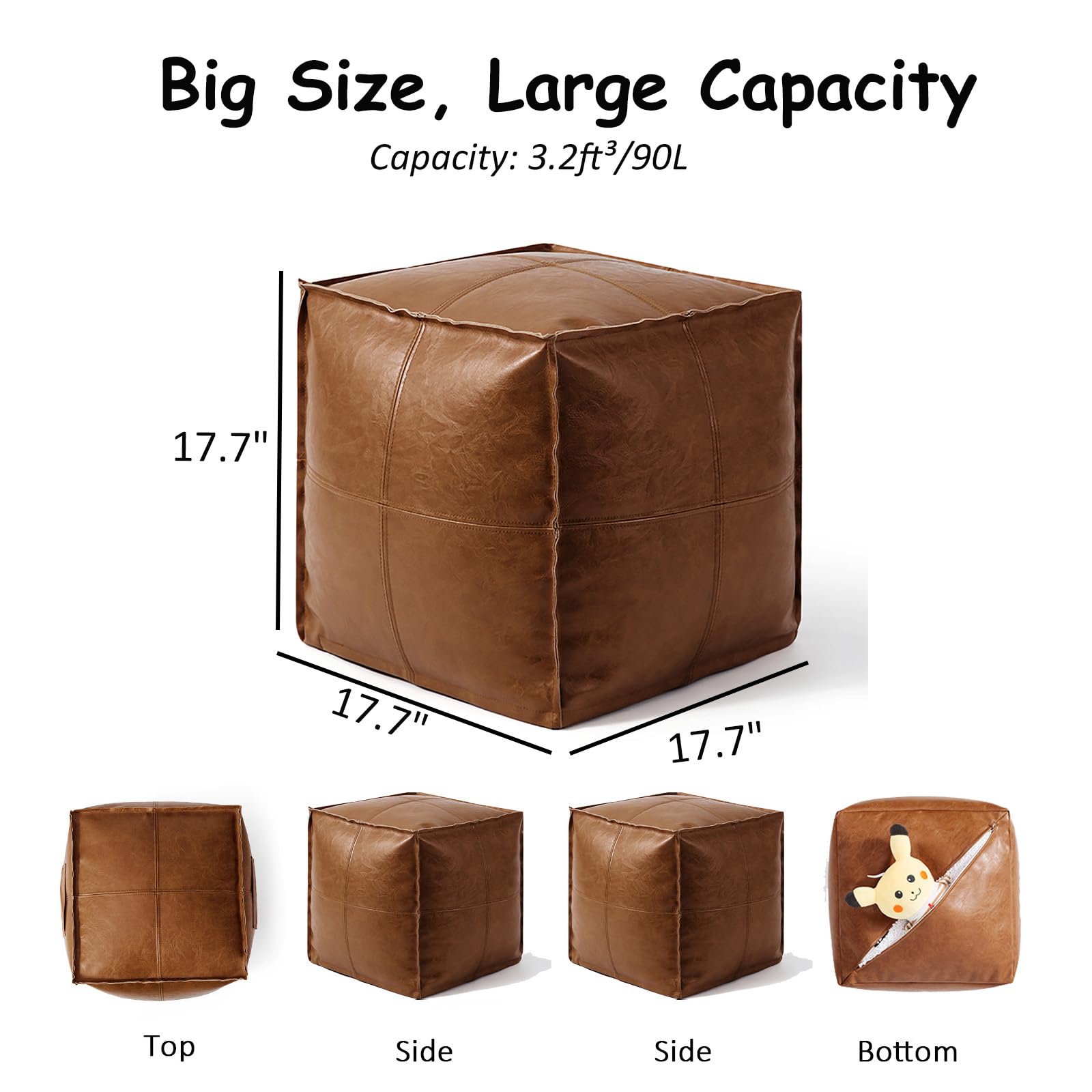 DMeHoo Unstuffed Pouf Foot Stool Ottoman, Faux Leather Pouf Cover, Handmade Square Floor Poufs Chairs for Living Room, Balcony, Bedroom (Brown, 17.7''*17.7''*17.7'', No Filling, Unstuffed)