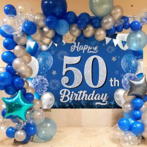 Happy 50th Birthday Banner Backdrop 50th Birthday Decorations for Men Blue and Silver, Happy 50th Birthday Yard Sign Banner Men for Indoor Outdoor 50 Years Old Birthday Party Decorations 6x4ft Fabric