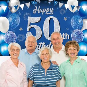 Happy 50th Birthday Banner Backdrop 50th Birthday Decorations for Men Blue and Silver, Happy 50th Birthday Yard Sign Banner Men for Indoor Outdoor 50 Years Old Birthday Party Decorations 6x4ft Fabric