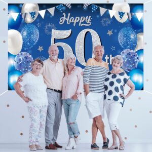 Happy 50th Birthday Banner Backdrop 50th Birthday Decorations for Men Blue and Silver, Happy 50th Birthday Yard Sign Banner Men for Indoor Outdoor 50 Years Old Birthday Party Decorations 6x4ft Fabric