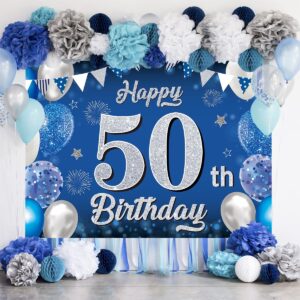 Happy 50th Birthday Banner Backdrop 50th Birthday Decorations for Men Blue and Silver, Happy 50th Birthday Yard Sign Banner Men for Indoor Outdoor 50 Years Old Birthday Party Decorations 6x4ft Fabric