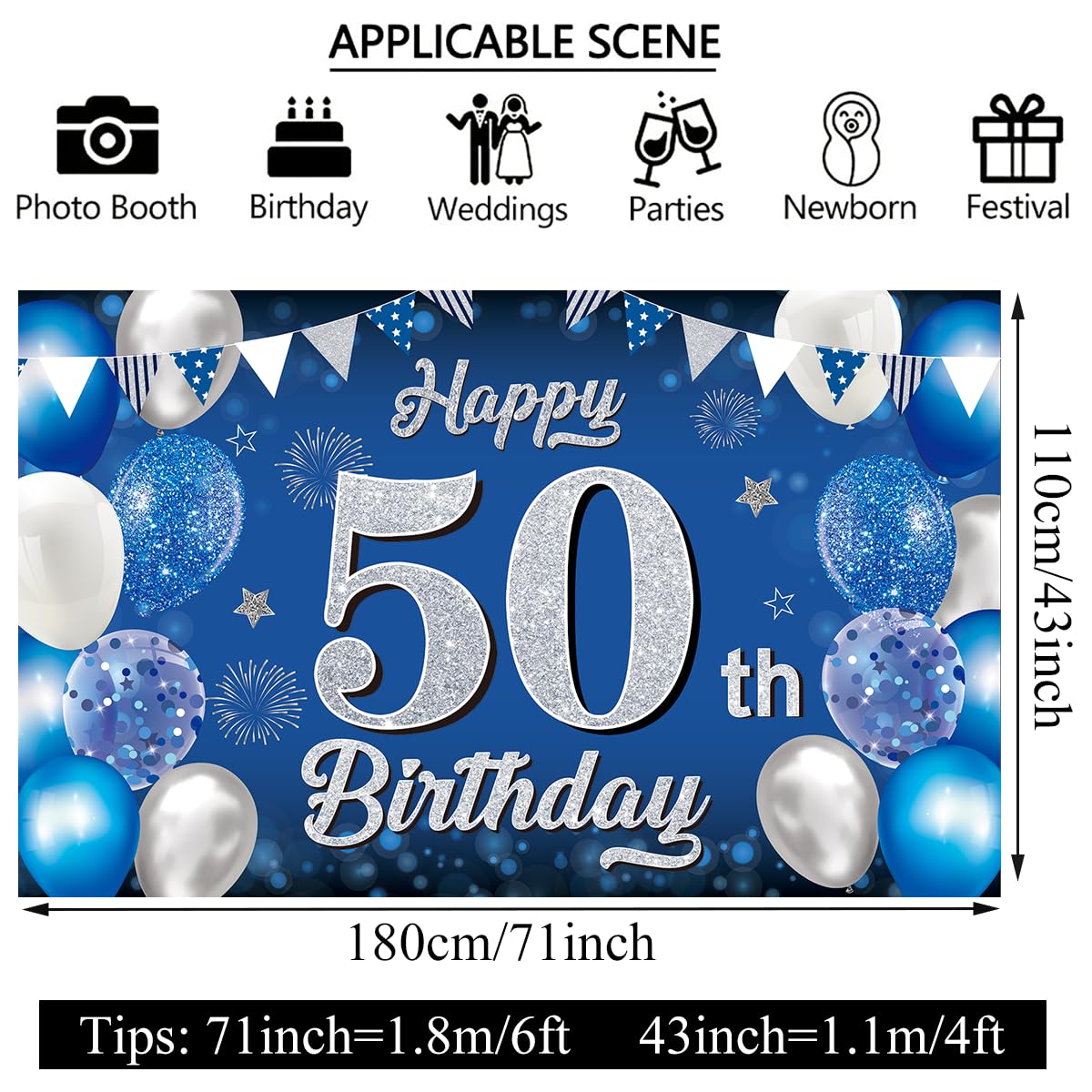 Happy 50th Birthday Banner Backdrop 50th Birthday Decorations for Men Blue and Silver, Happy 50th Birthday Yard Sign Banner Men for Indoor Outdoor 50 Years Old Birthday Party Decorations 6x4ft Fabric