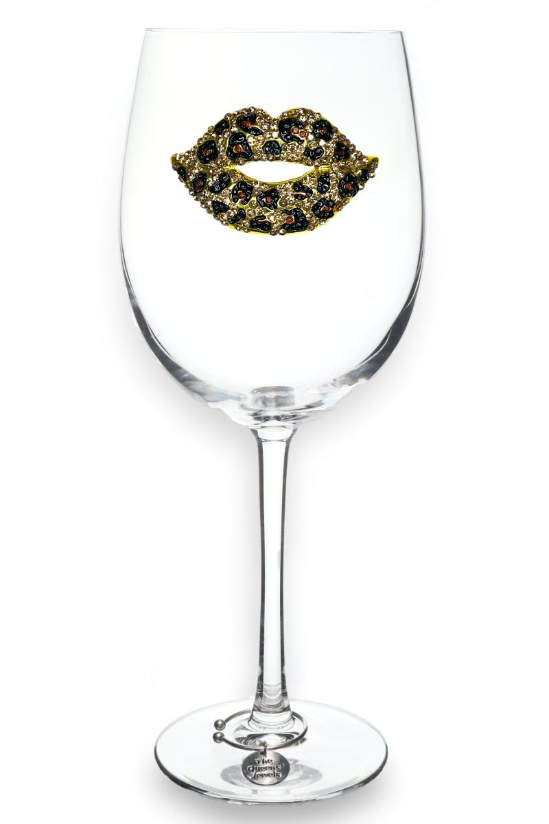 THE QUEENS' JEWELS Leopard Lips Jeweled Stemmed Wine Glass, 21 oz. - Unique Gift for Women, Birthday, Cute, Fun, Not Painted, Decorated, Bling, Bedazzled, Rhinestone