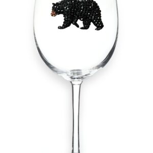 THE QUEENS' JEWELS Black Bear Jeweled Stemmed Wine Glass, 21 oz. - Unique Gift for Women, Birthday, Cute, Fun, Not Painted, Decorated, Bling, Bedazzled, Rhinestone