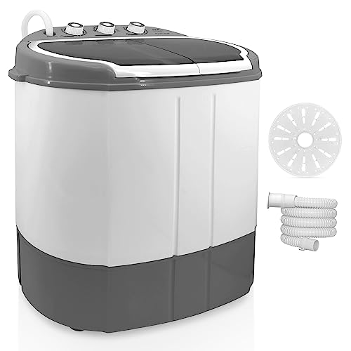 Compact Home Washer & Dryer, 2 in 1 Portable Mini Washing Machine, Twin Tubs, 11lbs. Capacity, 110V, Spin Cycle w/Hose, Translucent Tub Container Window, Ideal for Smaller Laundry Loads