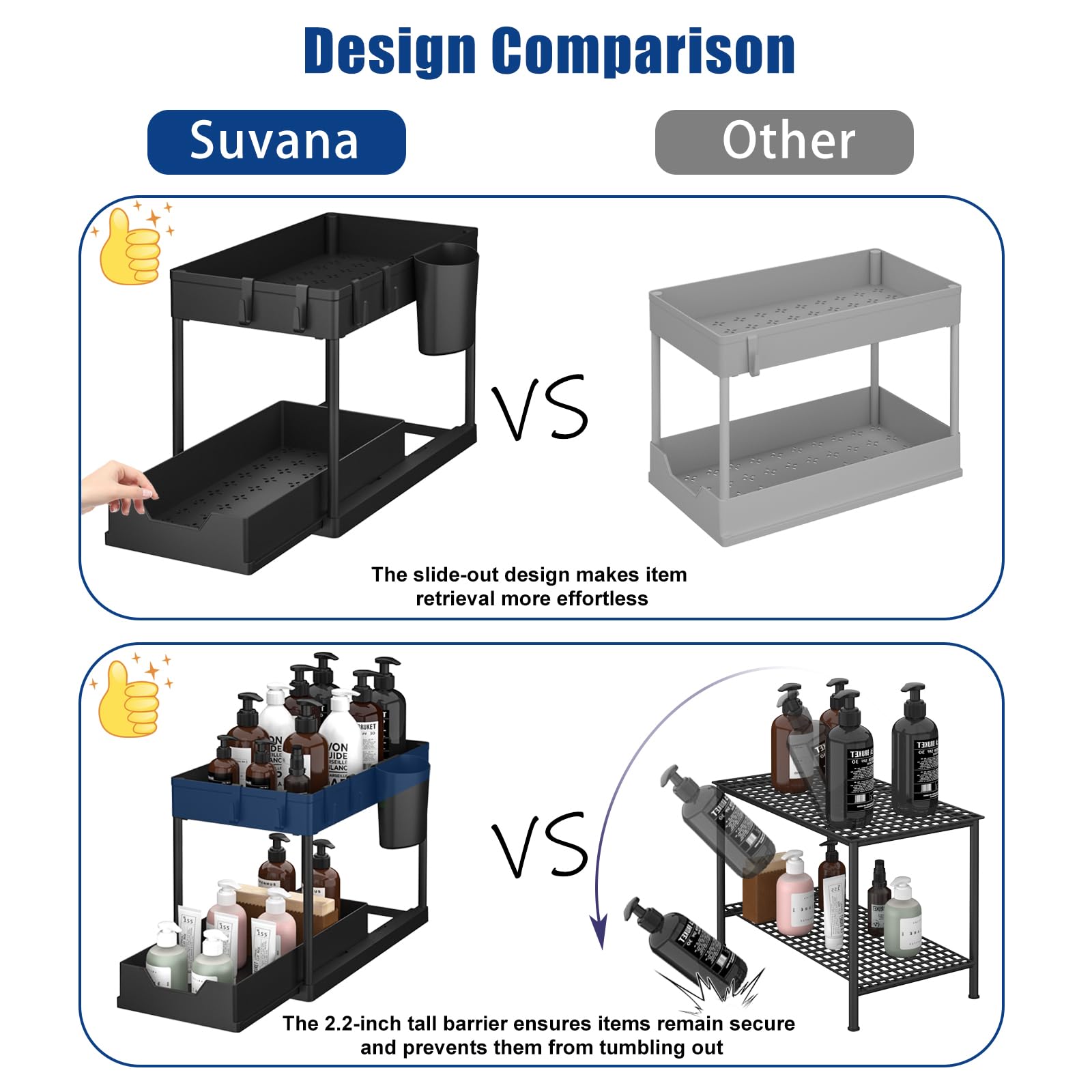 SUVANA Under Sink Organizer, 2 Tier Bathroom Cabinet Organizer with Under Sliding Basket, Hooks, Hanging Cup, Multi-Purpose Under Sink Organizers and Storage for Bathroom Kitchen (2 Pack)