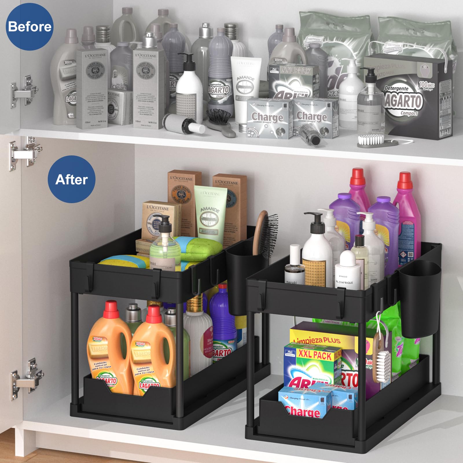 SUVANA Under Sink Organizer, 2 Tier Bathroom Cabinet Organizer with Under Sliding Basket, Hooks, Hanging Cup, Multi-Purpose Under Sink Organizers and Storage for Bathroom Kitchen (2 Pack)