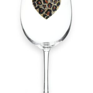 THE QUEENS' JEWELS Leopard Heart Jeweled Stemmed Wine Glass, 21 oz. - Unique Gift for Women, Birthday, Cute, Fun, Not Painted, Decorated, Bling, Bedazzled, Rhinestone