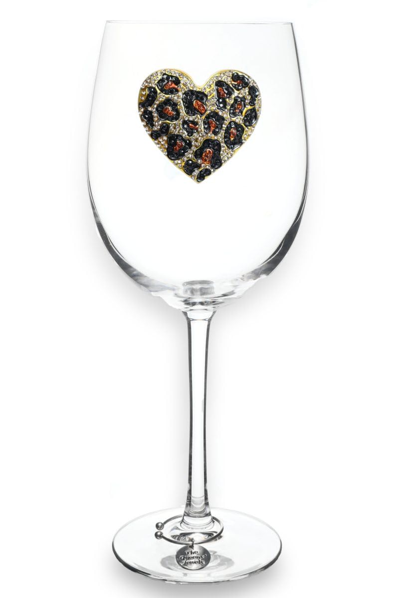 THE QUEENS' JEWELS Leopard Heart Jeweled Stemmed Wine Glass, 21 oz. - Unique Gift for Women, Birthday, Cute, Fun, Not Painted, Decorated, Bling, Bedazzled, Rhinestone