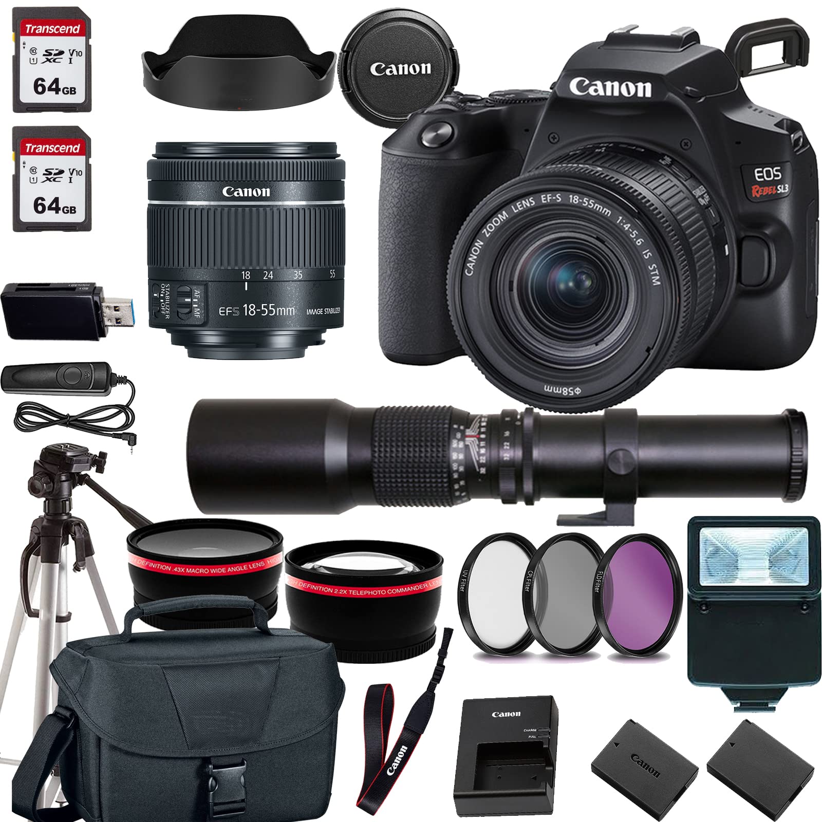 Canon Rebel SL3 / EOS 250D DSLR Camera w EF-S 18-55mm f/4-5.6 is STM Lens+500mm f/8.0 Telephoto Lens+case+128Memory Cards (24PC) (Renewed)