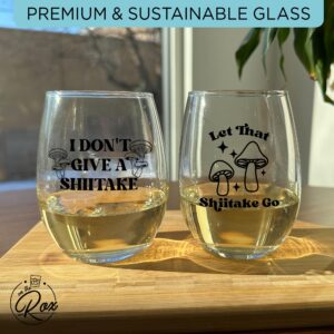 Mushroom Glass Gifts For Her and Him - 2PC Funny Wine Glass - 15oz Printed "I Don't Give A Shiitake", "Let That Shiitake Go" Mushroom Decor - Aesthetic Gift for Sister, Brother, Friend Mushroom Lover