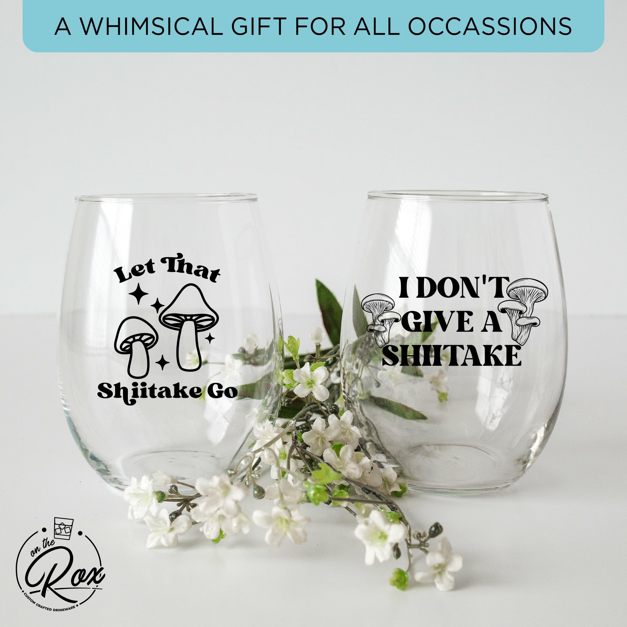 Mushroom Glass Gifts For Her and Him - 2PC Funny Wine Glass - 15oz Printed "I Don't Give A Shiitake", "Let That Shiitake Go" Mushroom Decor - Aesthetic Gift for Sister, Brother, Friend Mushroom Lover