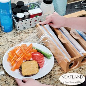 NEATLAND Plastic Wrap Dispenser with Cutter, 5 in 1 Bamboo Foil and Plastic Wrap Organizer for Kitchen Drawer or Wall, Ziplock Bag Organizer for Gallon, Quart, Sandwich, Snack sizes