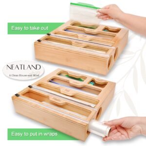 NEATLAND Plastic Wrap Dispenser with Cutter, 5 in 1 Bamboo Foil and Plastic Wrap Organizer for Kitchen Drawer or Wall, Ziplock Bag Organizer for Gallon, Quart, Sandwich, Snack sizes