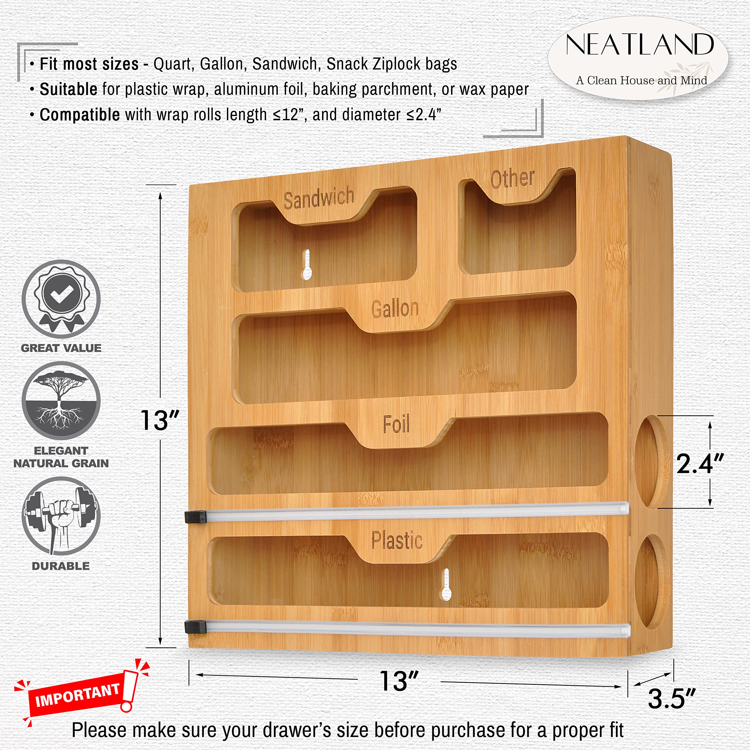 NEATLAND Plastic Wrap Dispenser with Cutter, 5 in 1 Bamboo Foil and Plastic Wrap Organizer for Kitchen Drawer or Wall, Ziplock Bag Organizer for Gallon, Quart, Sandwich, Snack sizes