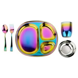 ahimsa stainless steel dinner set - 5 piece mindful mealtime set | pediatrician designed stainless steel plates for kids, toxin free stainless steel dinnerware set | 100% bpa free (rainbow)