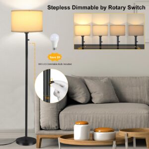 Floor Lamps for Living Room, Stepless Dimmable Standing Lamp, Modern Floor Lamp with Rotary Switch, White Linen Shade, 9W Led Bulb Included(1000LM,2700K), Tall Lamp for Bedroom, Office, Farmhouse