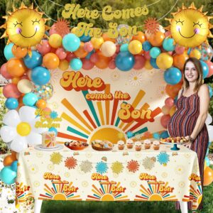 Here Comes the Son Baby Shower Decorations for Boy 1st Birthday Party Supplies Sun Retro Boho Sunshine Birthday Party Table Decor Photograph Backdrop Glitter Banner (Son-Party-B)