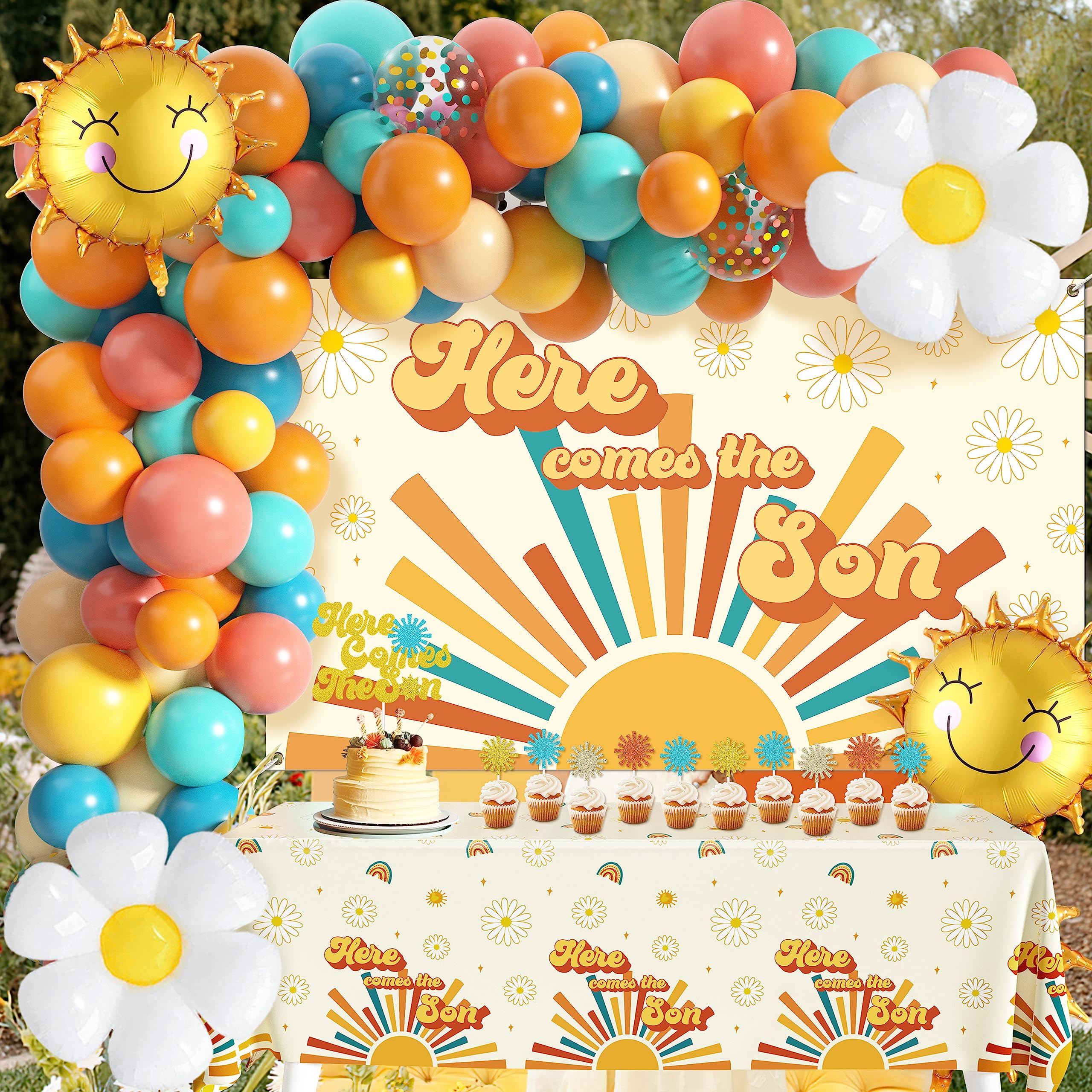 Here Comes the Son Baby Shower Decorations for Boy 1st Birthday Party Supplies Sun Retro Boho Sunshine Birthday Party Table Decor Photograph Backdrop Glitter Banner (Son-Party-B)